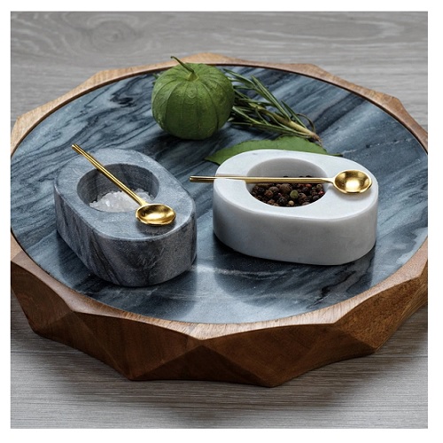 Zodax Tuscan Marble Salt & Pepper Bowl with Gold Spoon - White | Berings