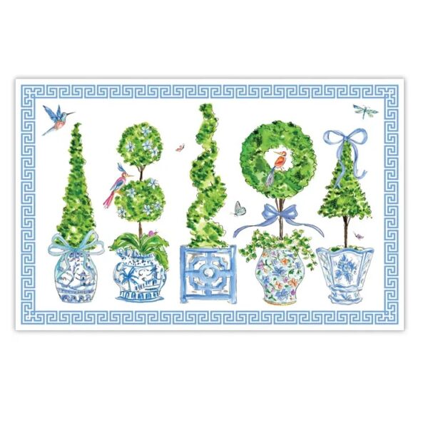 Hand Painted Blue Enchanted Boxwood Topiaries Paper Placemat | Berings