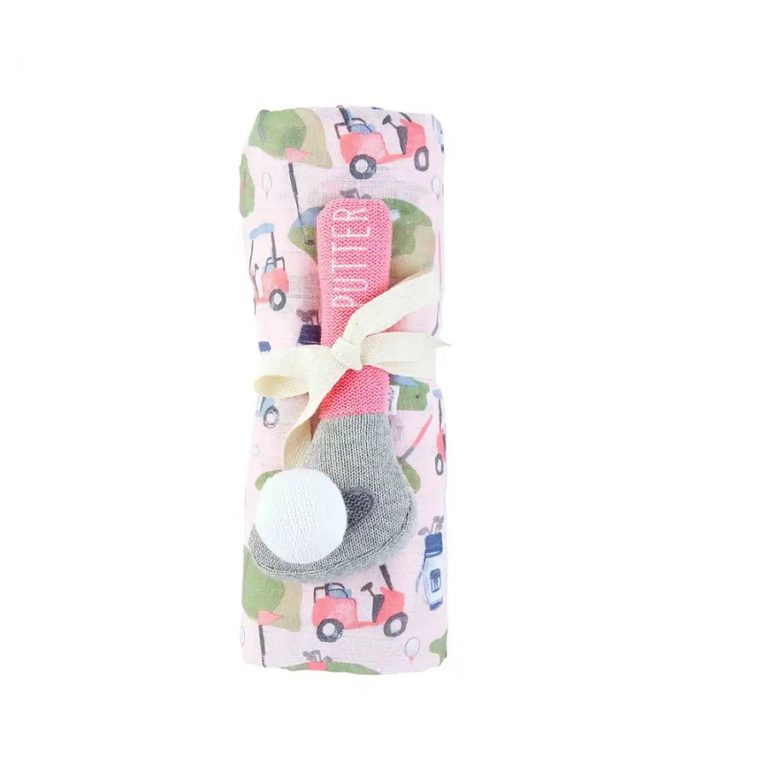 Pink Golf Swaddle & Rattle Set | Berings