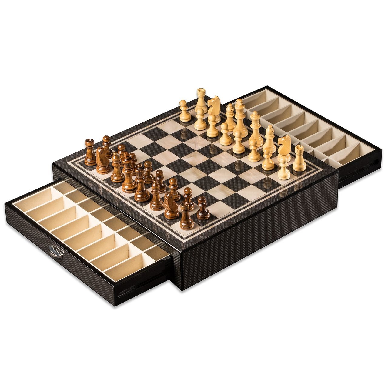 Carbon Fiber & Mother of Pearl Design Chess Set | Berings