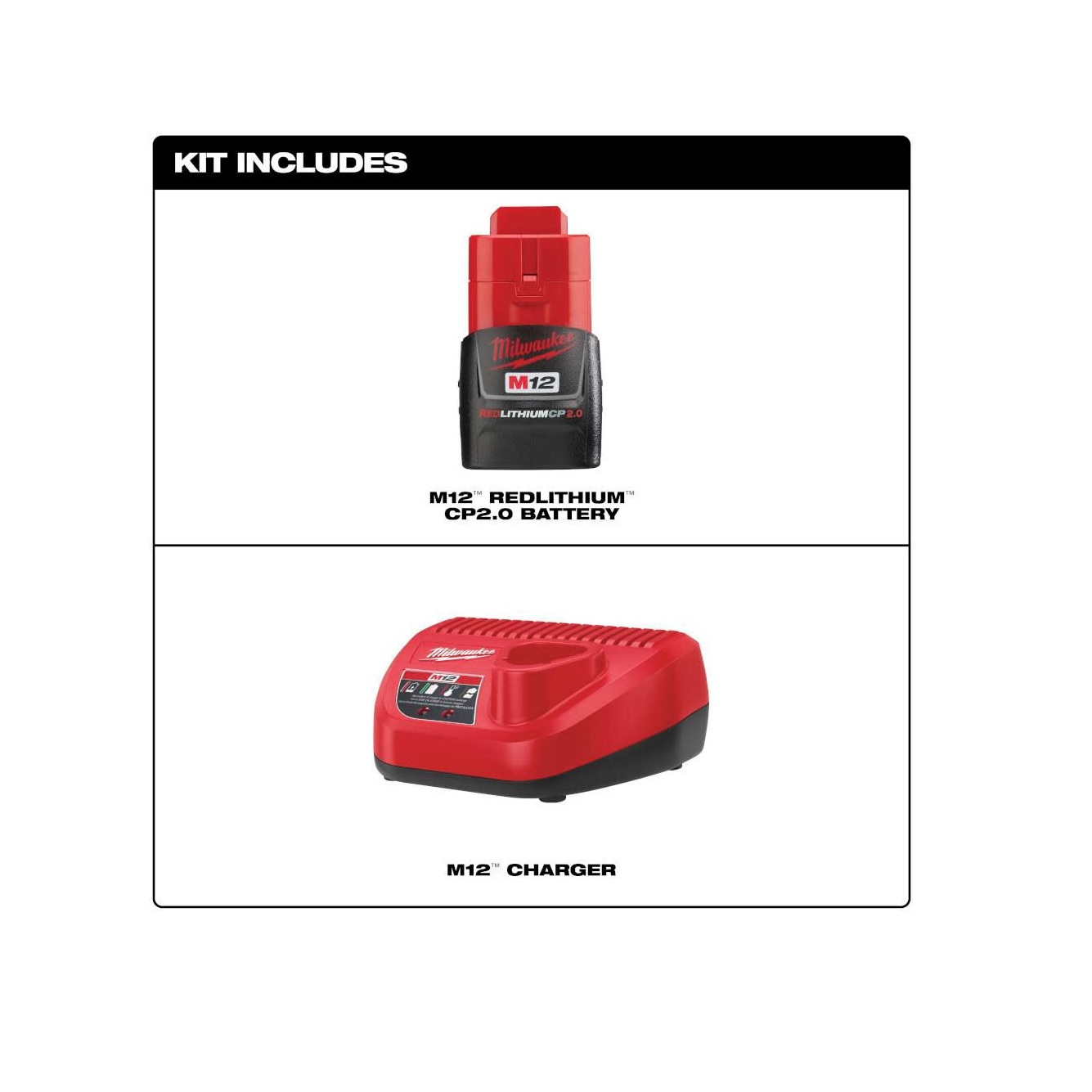 Milwaukee M12 REDLITHIUM 2.0Ah Battery and Charger Starter Kit | Berings
