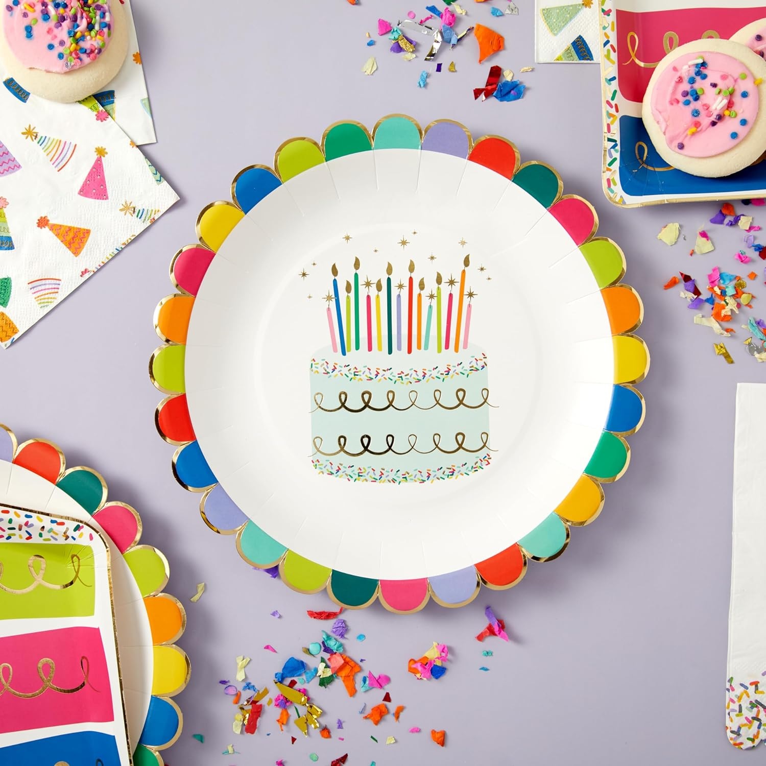 C.R. Gibson Sprinkle Birthday Scallop Edge Paper Dinner Plates | Berings