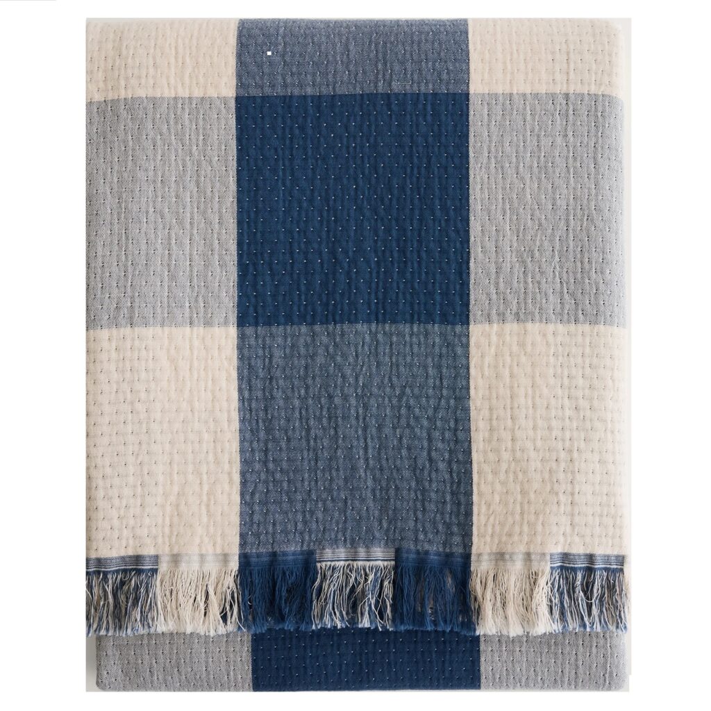 Pendleton Block Plaid Organic Cotton Fringed Throw - Indigo/Ivory | Berings